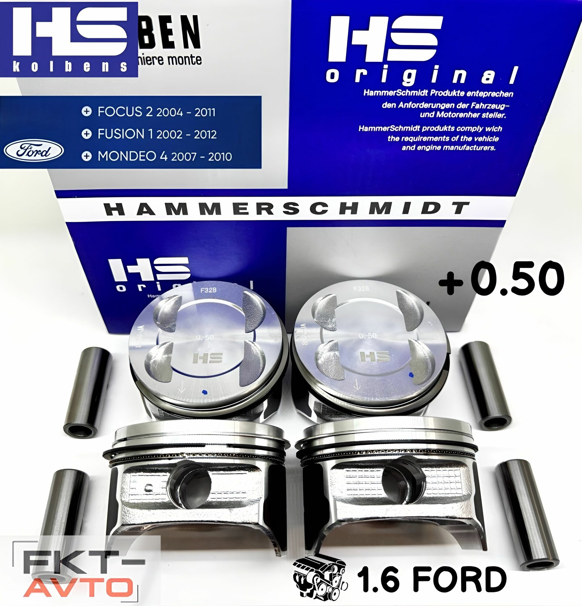 Поршни HammerSchmidt Premium, для Ford Focus/Fusion/Fiesta, 1.6 л, 100-125 л. с, с кольцами