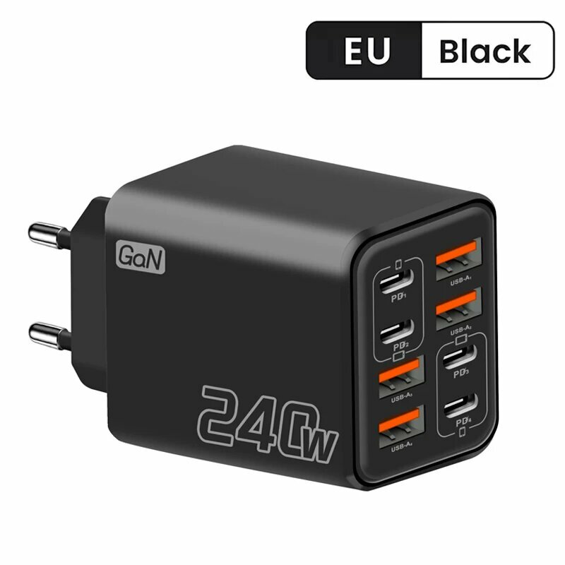 Зарядное устройство GaN USB C мощностью 240 Вт, 8 в 1, быстрая зарядка, адаптер питания для EU Black
