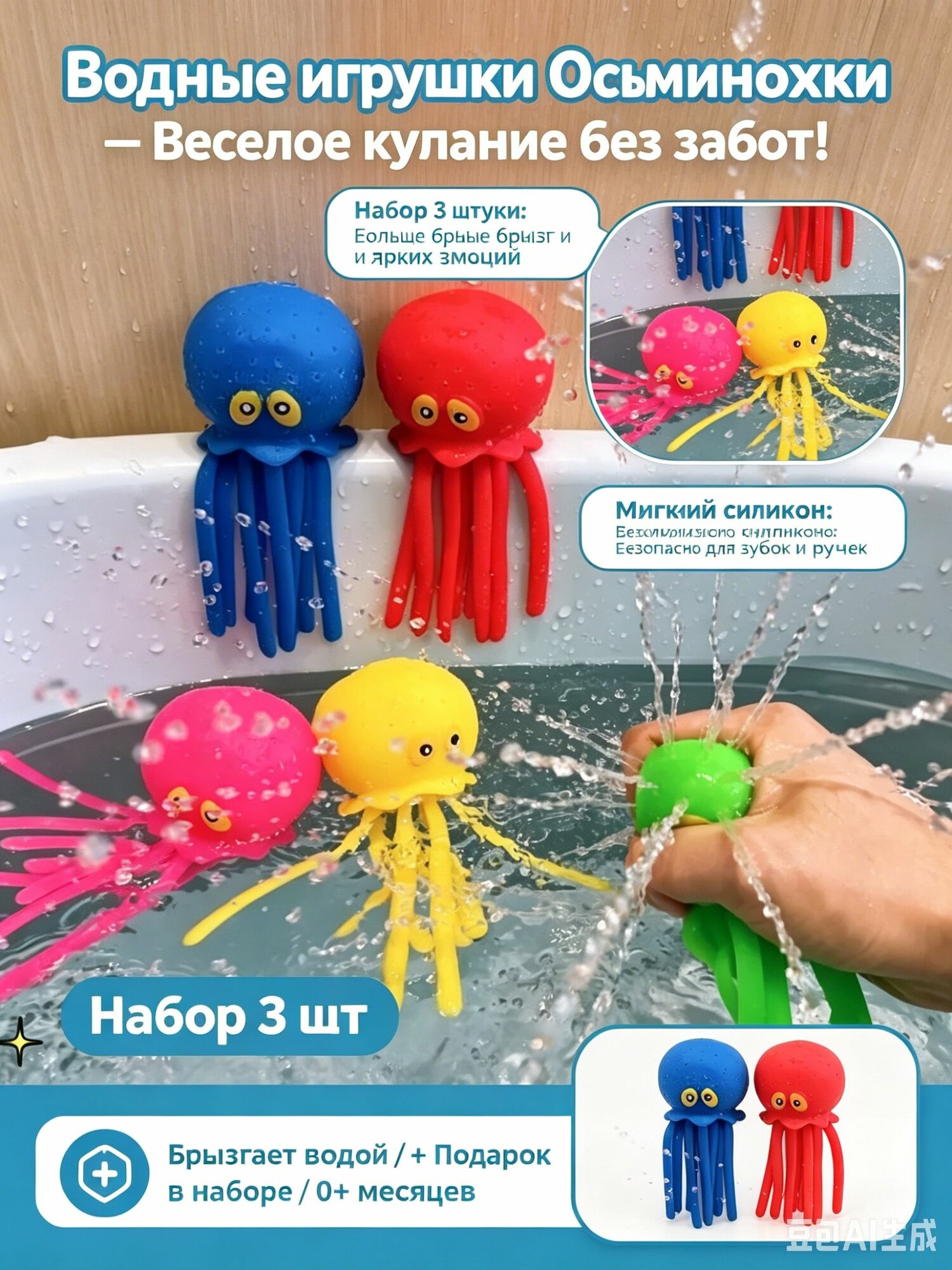 Набор игрушек для ванны Осьминоги 3 шт, водная брызгалка для купания малышей и сквиш для развития моторики - мягкий силикон, подарок в комплекте.