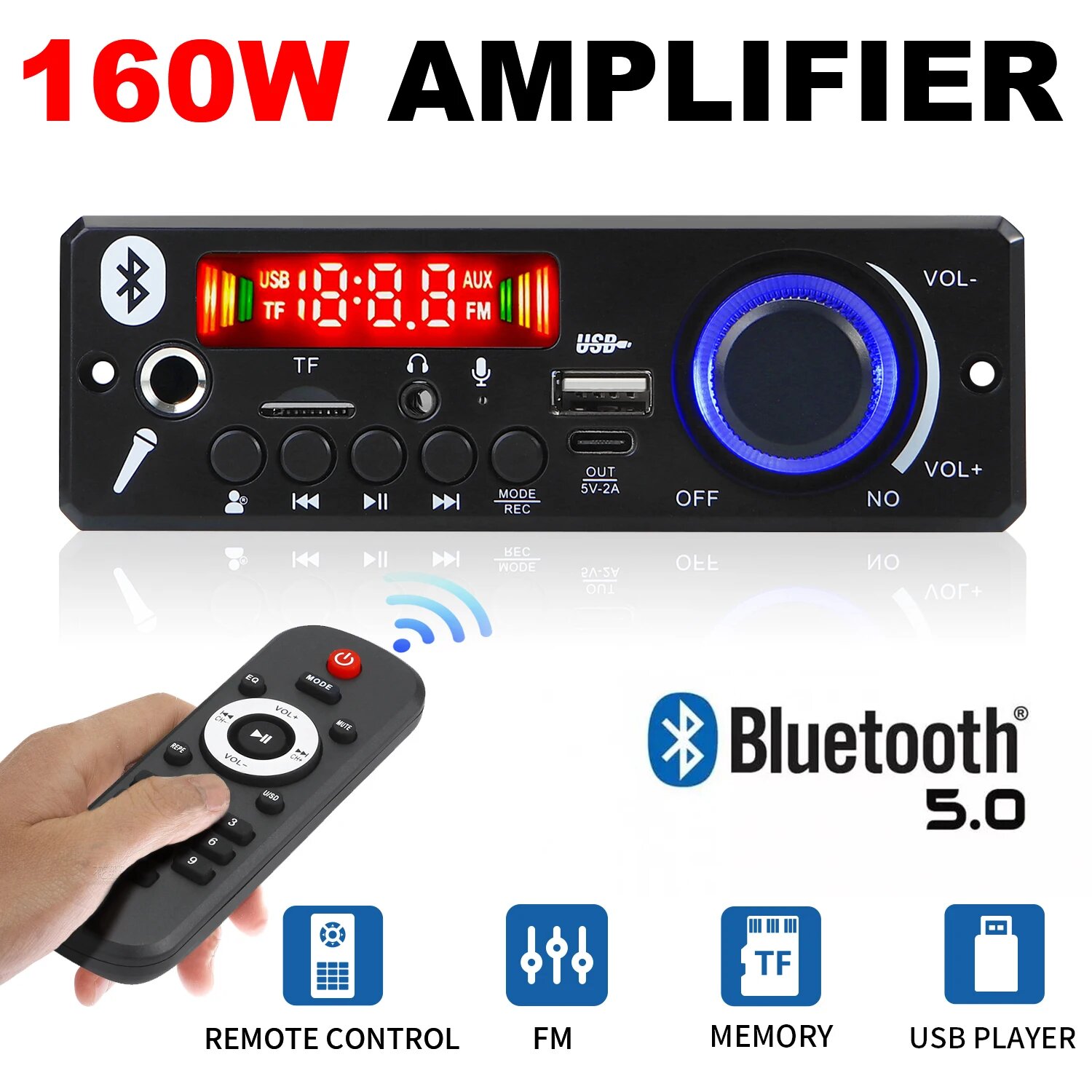 Усилитель мощности стерео 2*80W, DC 8-24V, Bluetooth, пульт