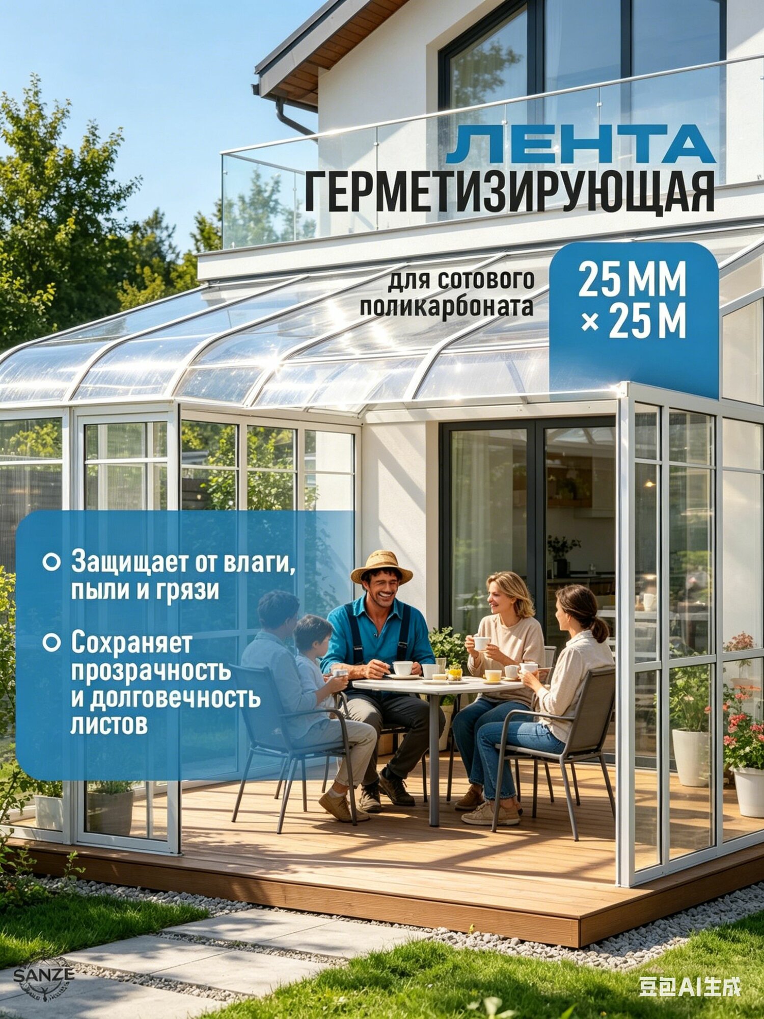 Лента герметизирующая для сотового поликарбоната 25мм 25м, самоклеящаяся, защищает от влаги и пыли, сохраняет прозрачность листов Лента - 1шт
