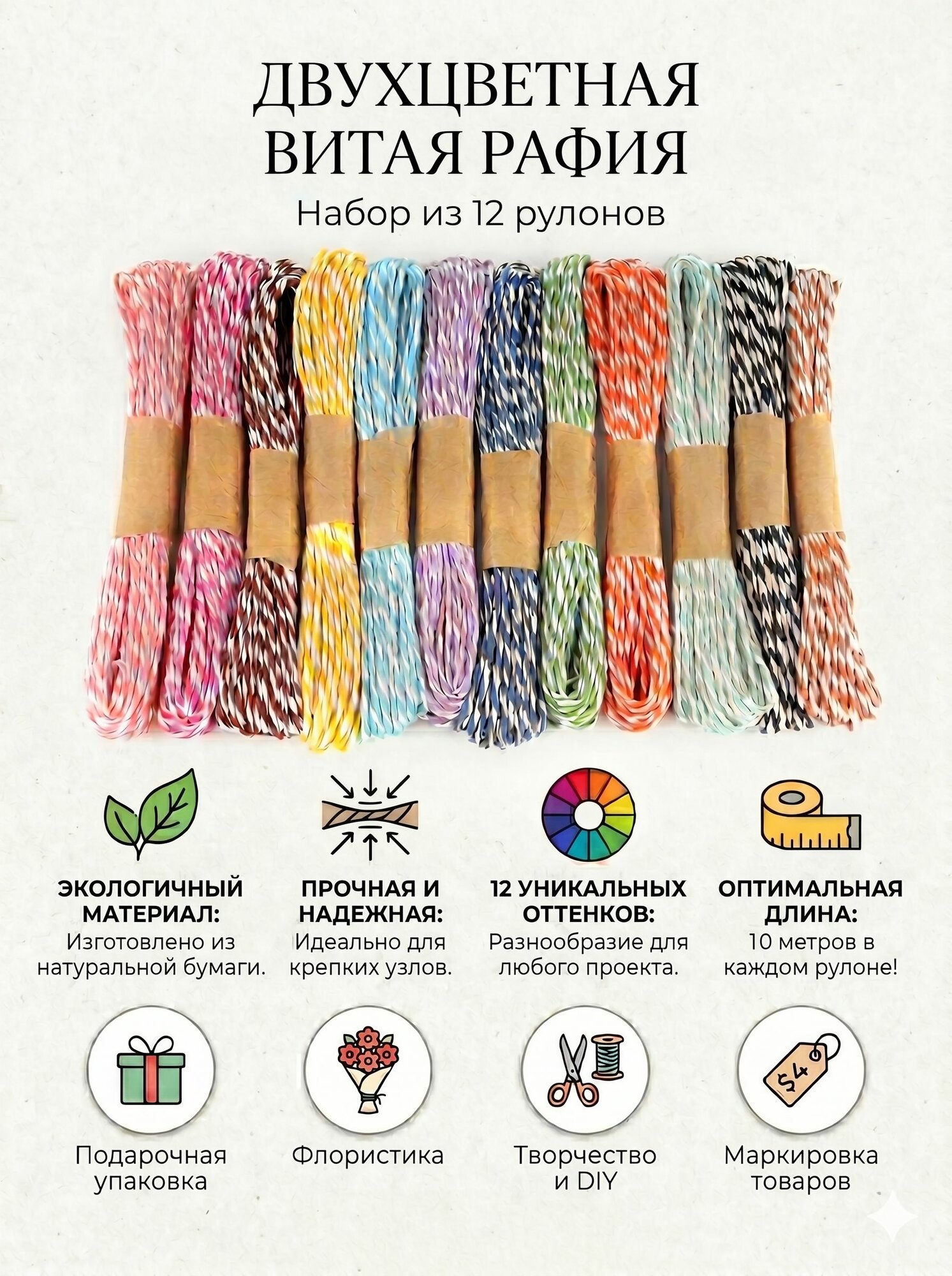 Рафия витая двухцветная / Бумажный шпагат для упаковки, подарков и творчества, набор 12 цветов, 120 м