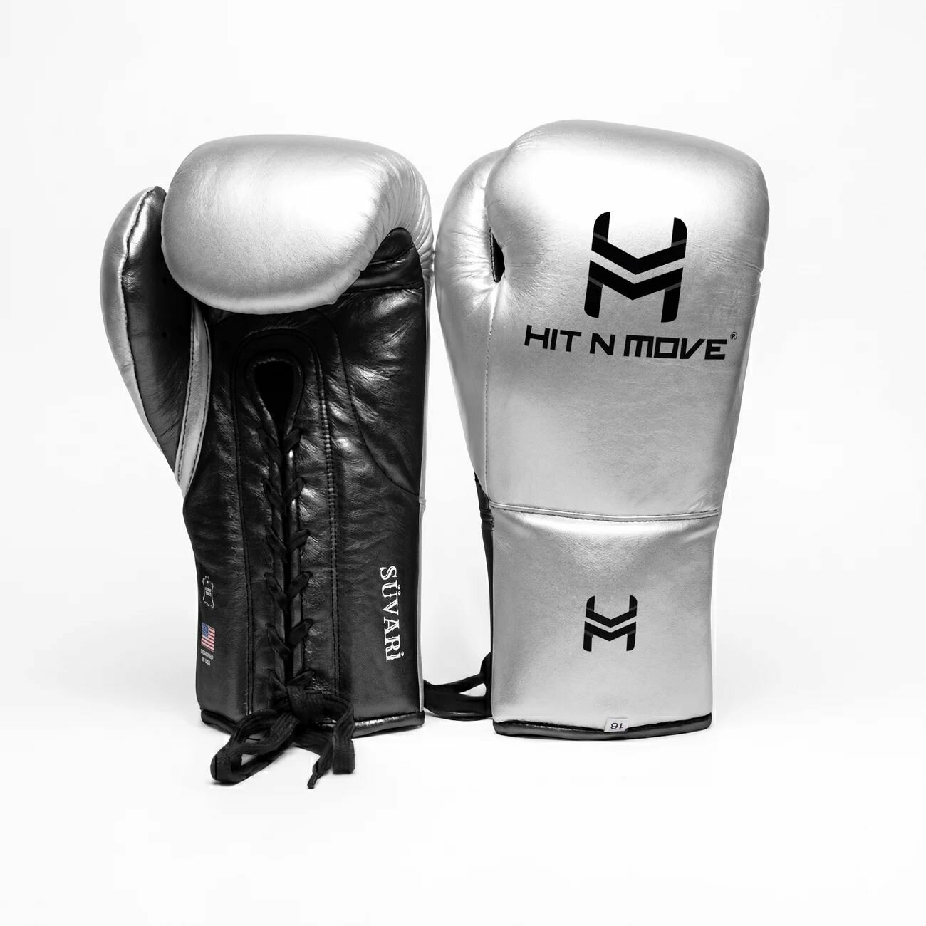 Перчатки боксерские HIT N MOVE Suvari Horse Hair Boxing Gloves (Lace up), 14 унций, серебристо-черные