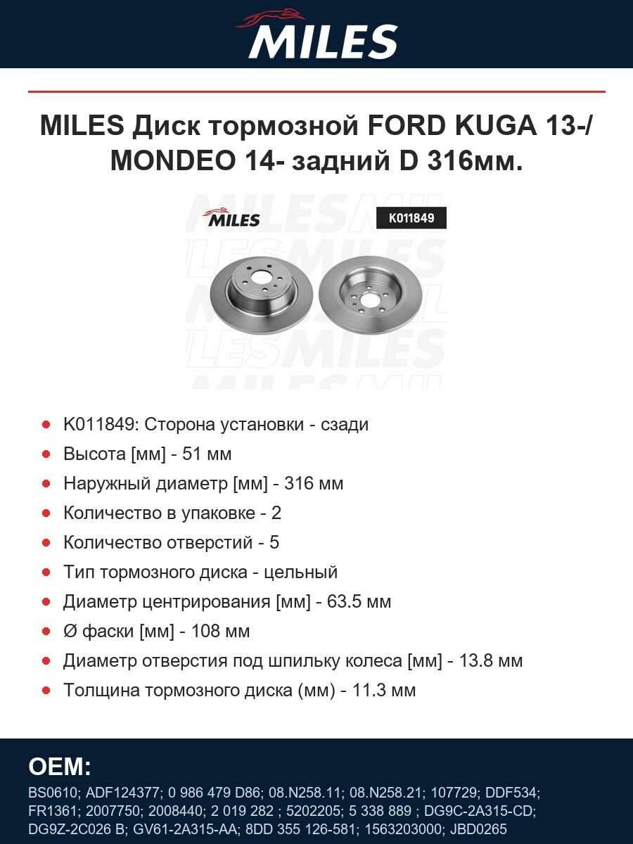 MILES Диск тормозной FORD KUGA 13-/ MONDEO 14- задний D 316мм.