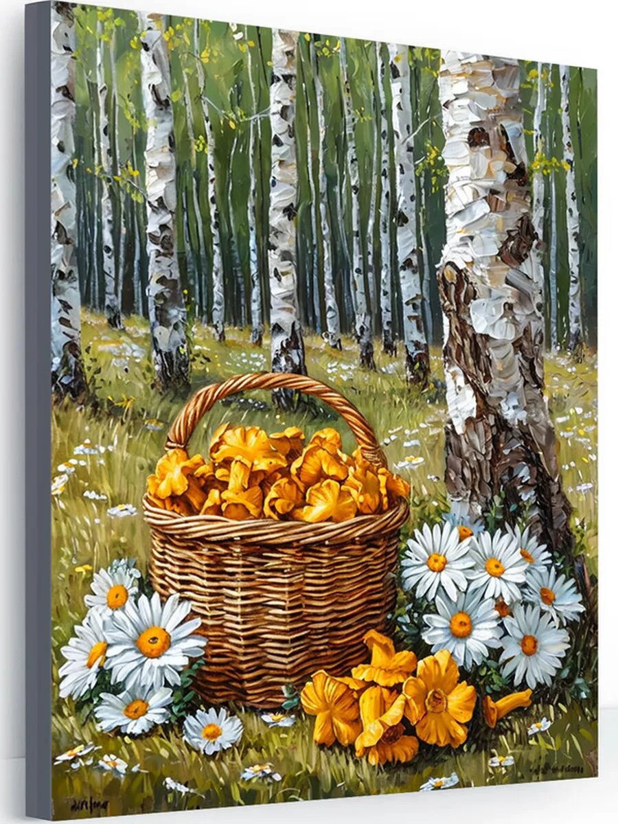 Картина на стену для интерьера "Грибная корзина в лесу", на подрамнике, 40 x 50 см
