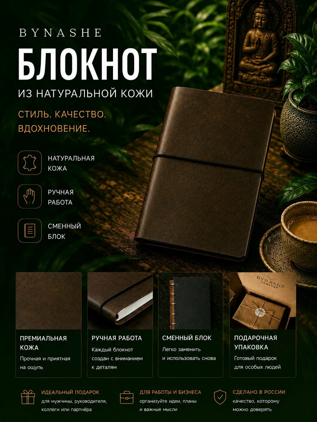 Кожаный блокнот А5 На Резинке со сменным блоком. Инициалы в подарок