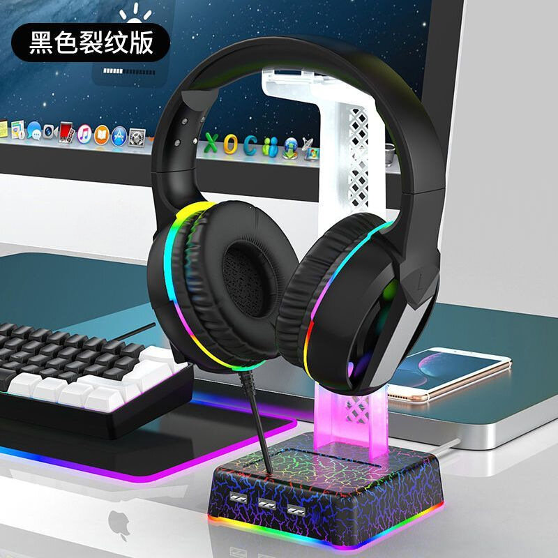 Черный с трещинами дизайн, светодиодная подсветка RGB, держатель для наушников с 3 портами USB для компьютерных