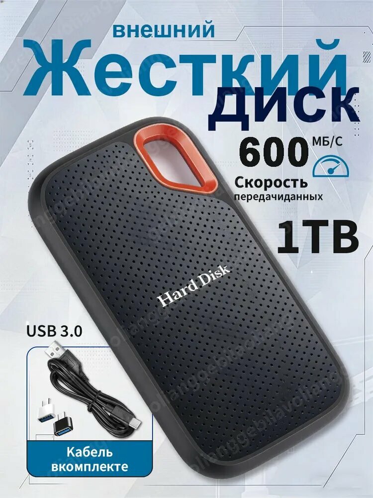 1 ТБ Внешний жесткий диск SSD 600 Мб/с, Композит, черный