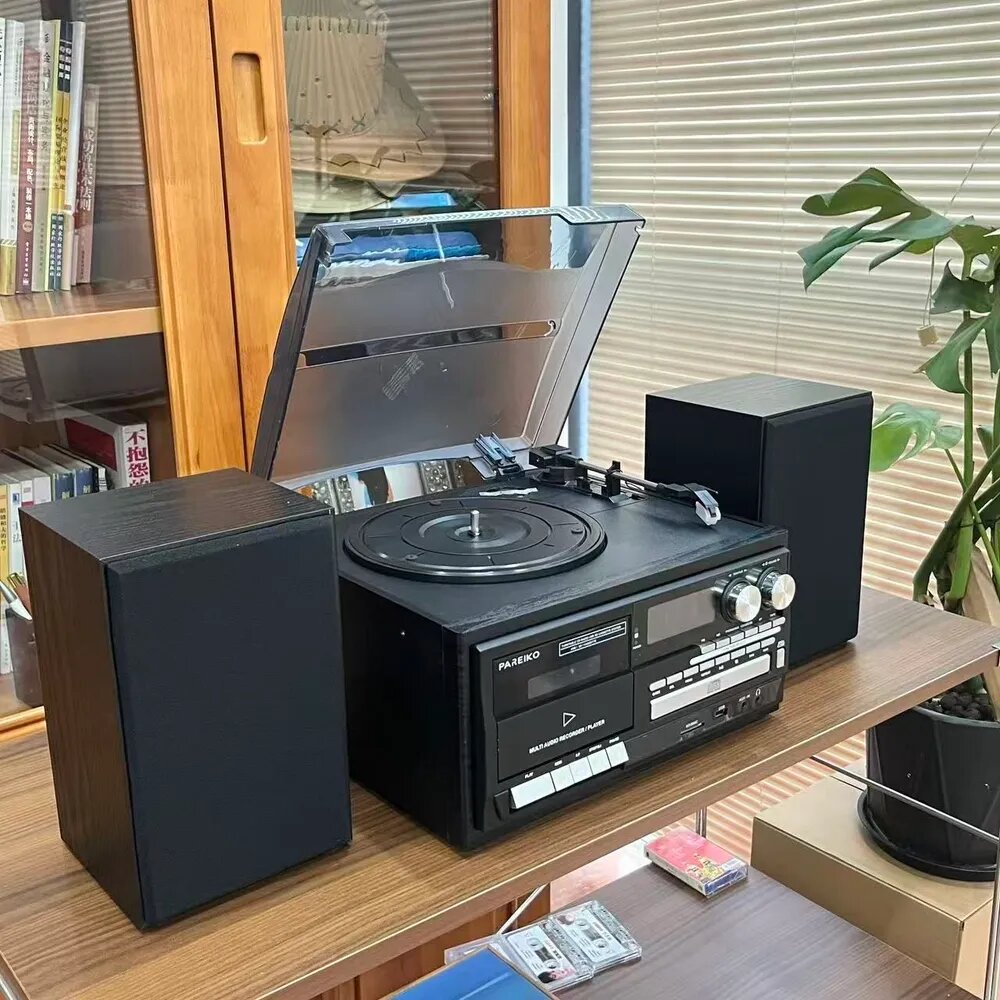 Виниловый проигрыватель с отдельными динамиками, CD, кассетой, радио и Bluetooth