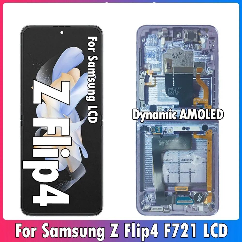 6.7-дюймовый складной динамический AMOLED 2X для Samsung Galaxy Z Flip4, SM-F721B, SM-F721B/DS, LCD-дисплей с рамкой, сенсорный экран, панель дигитайзера, сборочные детали, фиолетовый