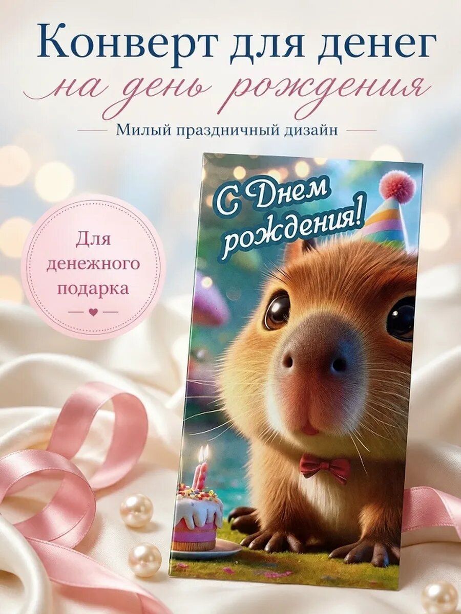 Конверт для денег "Капибара" HOMERA "С днём рождения", картон, 17x8,5 см, изумрудный