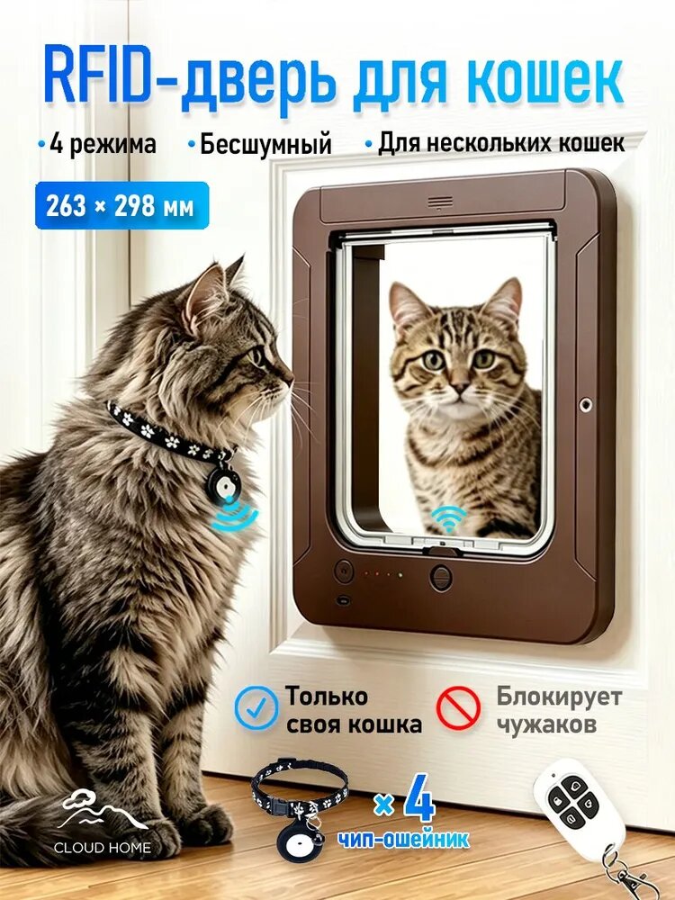 Умная дверца для кошки с RFID, пультом ДУ и 4 RFID-ключами на ошейник