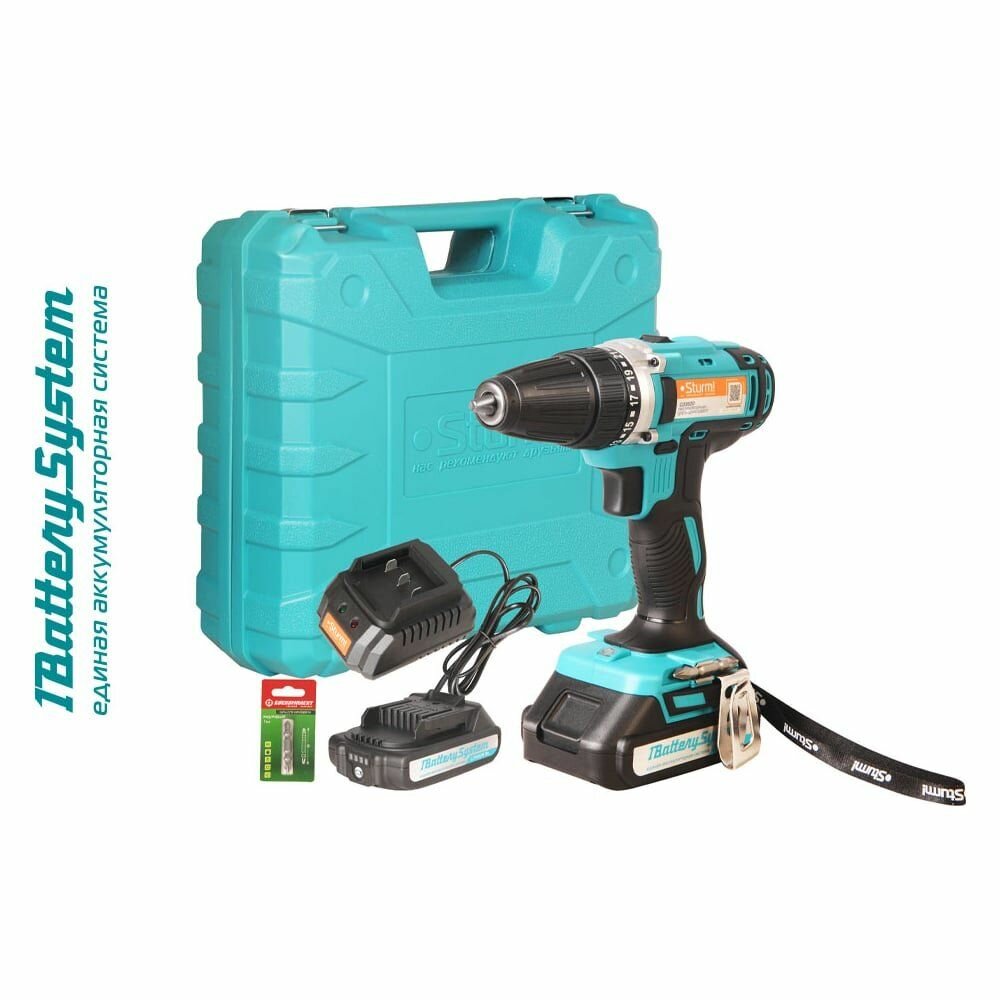 Аккумуляторная дрель Sturm 20 В, 1BatterySystem, 2 акк, 2,0 Ач, кейс CD3620