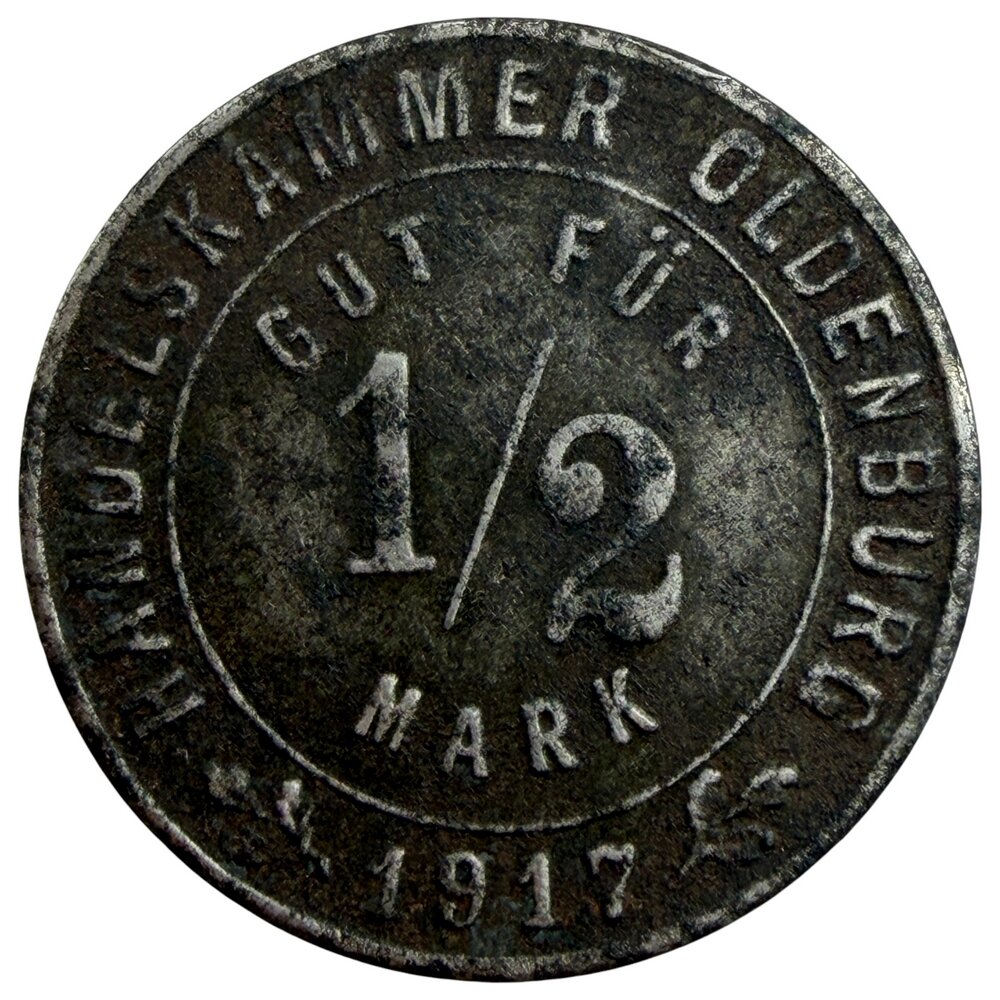Германия, Германская империя, Ольденбург 1/2 марки 1917 г. (24.2 мм.)