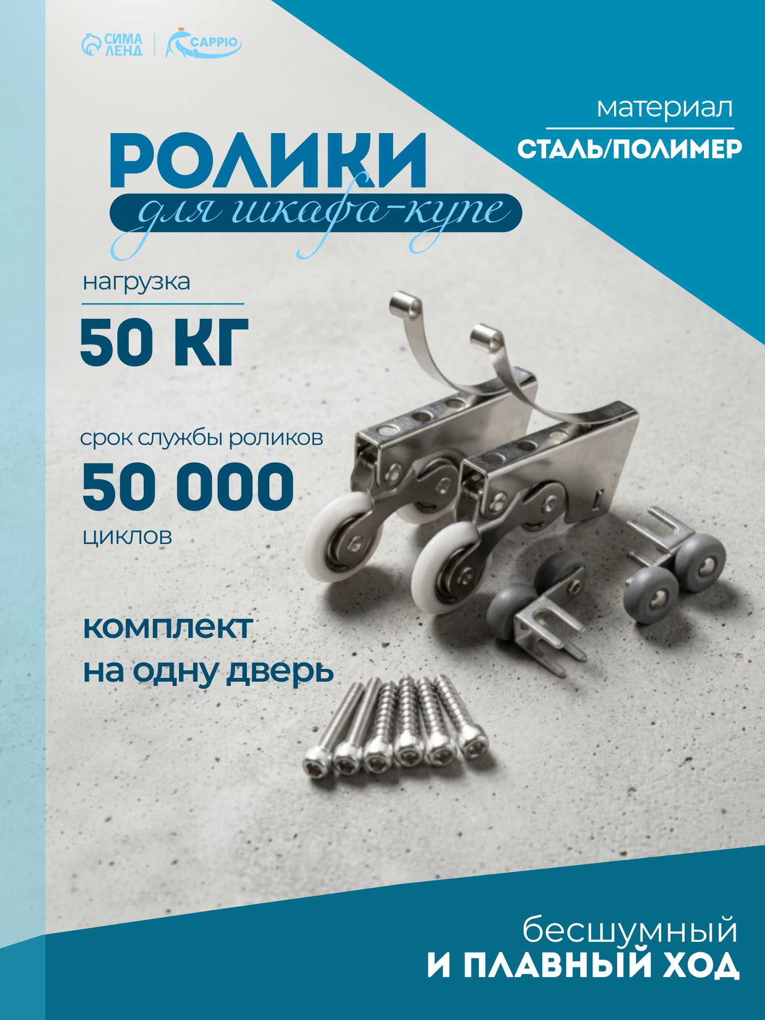 Комплект роликов CAPPIO, для шкафа купе, плавный ход, набор верх - низ