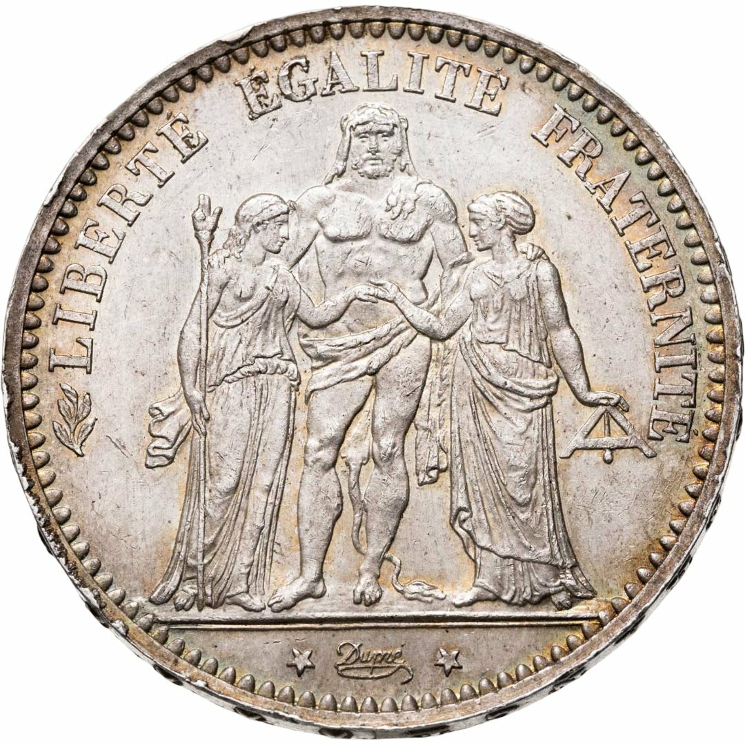 Франция 5 франков francs 1874 "Геркулес", знак монетного двора: "A" - Париж, Серебро 900, в сохранности AU-UNC