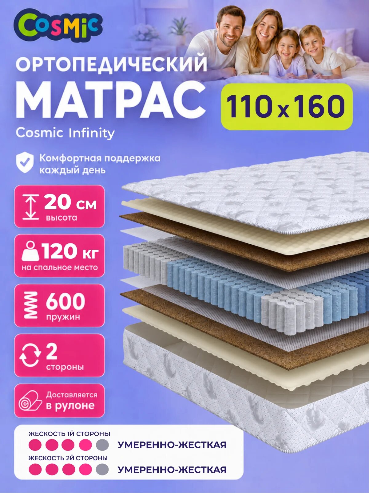 Матрас Cosmic Infinity 110x160 см, пружинный, умеренно-жесткий, высота 20 см, анатомическая поддержка