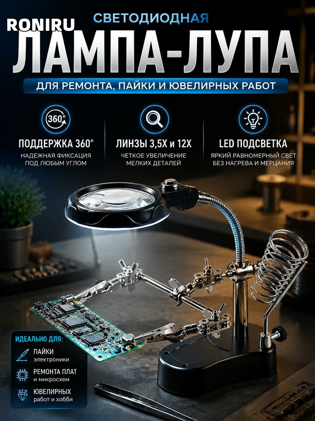 Увеличительное стекло с LED подсветкой 3,5X и 12X линзой — лампа-лупа для пайки, ремонта плат и ювелирных работ