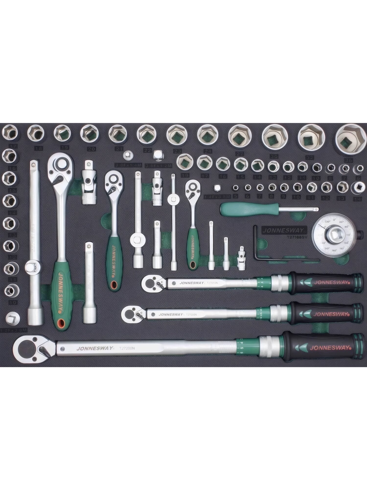Набор ключей динамометрических Jonnesway T27166SV 1/4DR 2-10 Нм, 3/8DR 10-60 Нм , 1/2DR40-200 Hм и головок торцевых с аксессуарами в EVA ложементе, 66 предметов