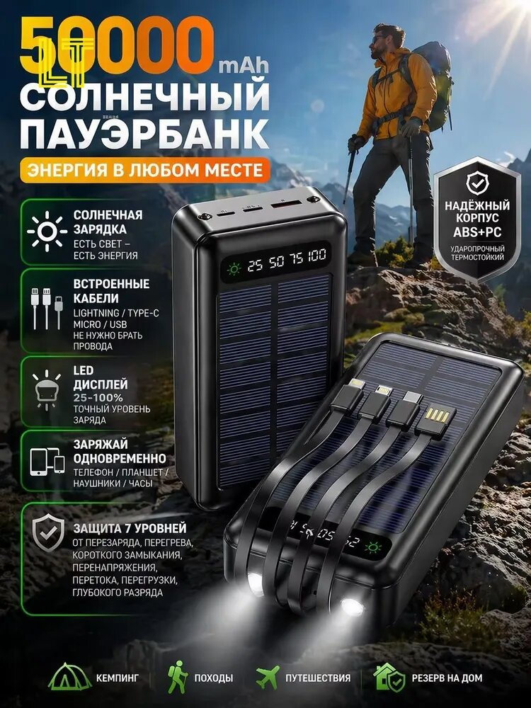 Солнечный повербанк 50000mah 22.5W, универсальный, черный матовый, ударопрочный