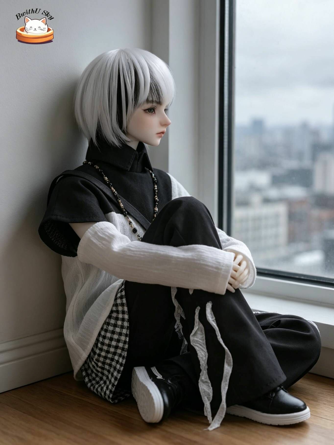 BwithUSky Roland 1/4 BJD Кукла: Стильный чёрно-белый уличный комплект из разорванной белой кофты, широких брюк с лентами и кед