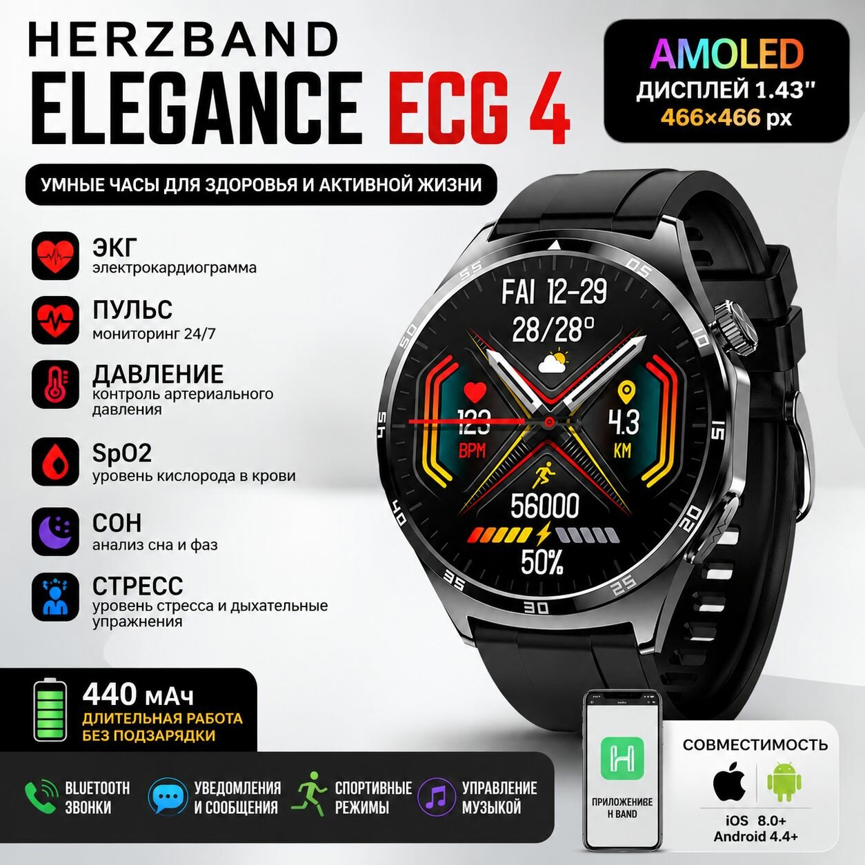 Умные часы HerzBand Elegance ECG 4, ЭКГ, давление, пульс, кислород в крови SpO, мониторинг сна, спортивные режимы, черные