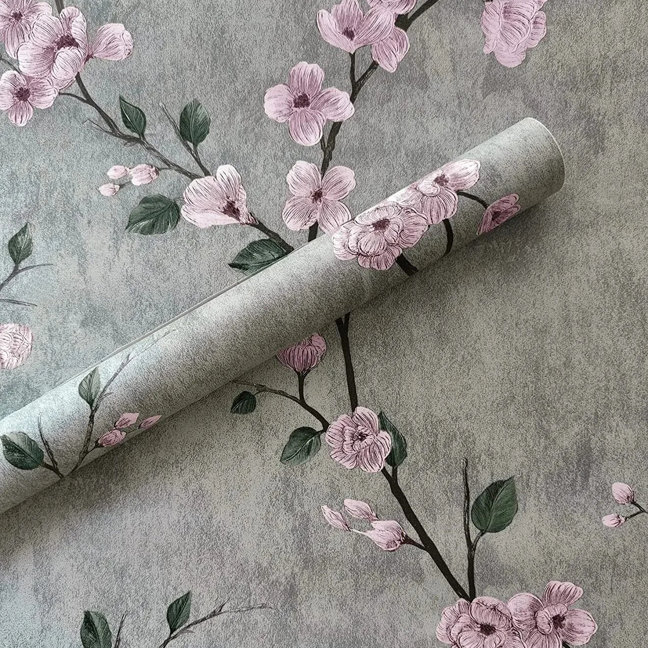 Виниловые обои пасторальный стиль зелёный цветок сливы Серый, Grey