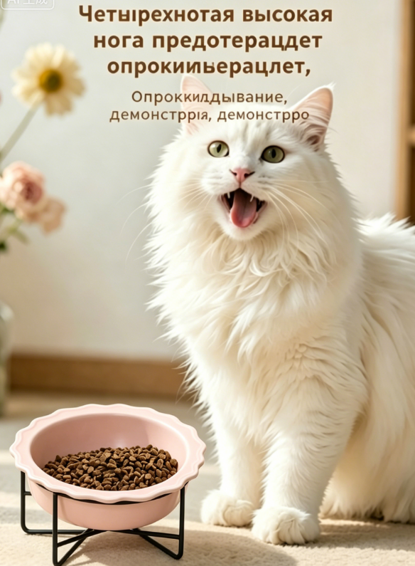 Керамическая миска для кошек/кормушка/поилка с высокими ножками и скошенным краем.