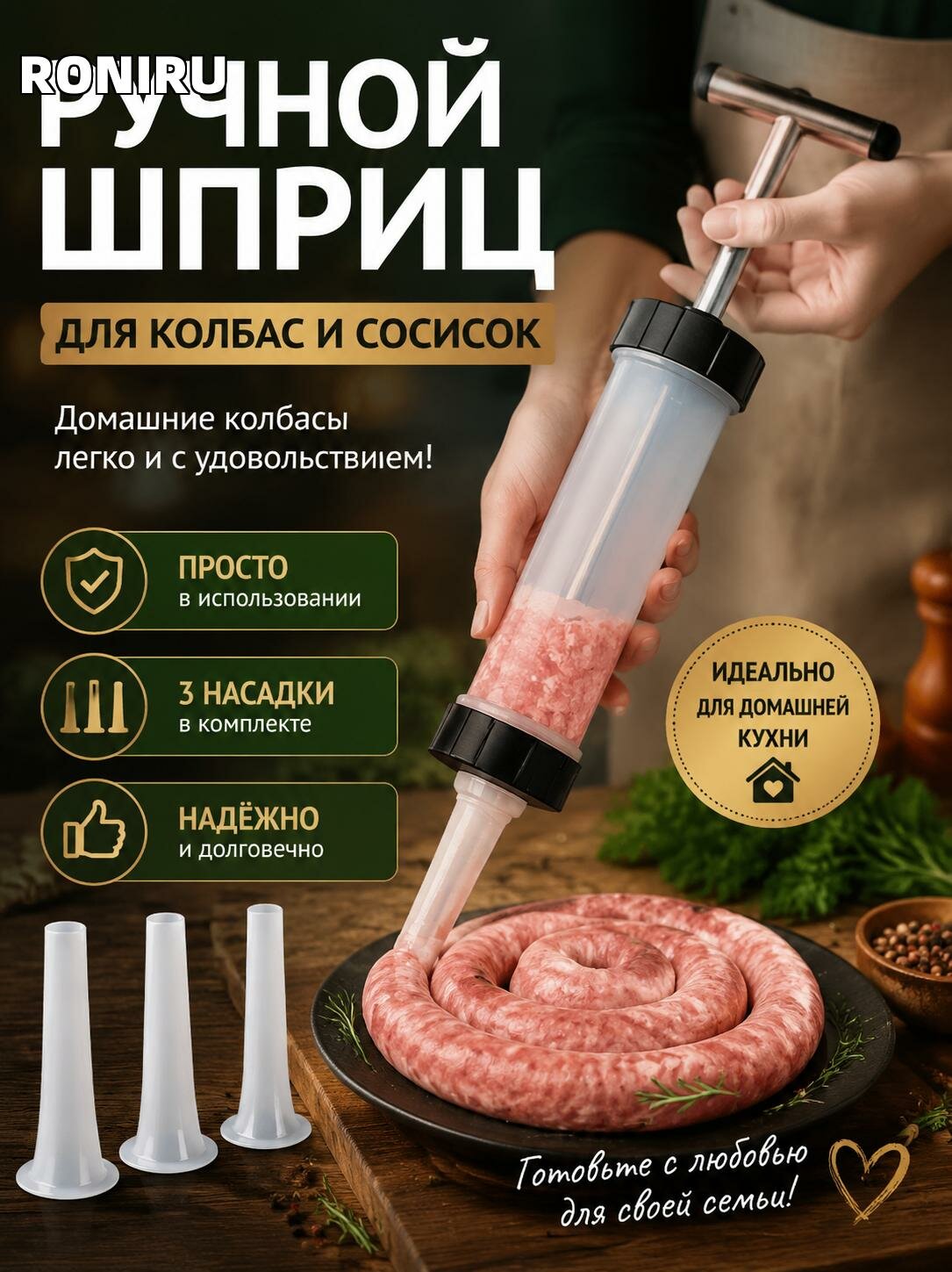 Ручной шприц для колбас и сосисок с 3 насадками — удобный инструмент для домашнего наполнения оболочек и семейной кухни