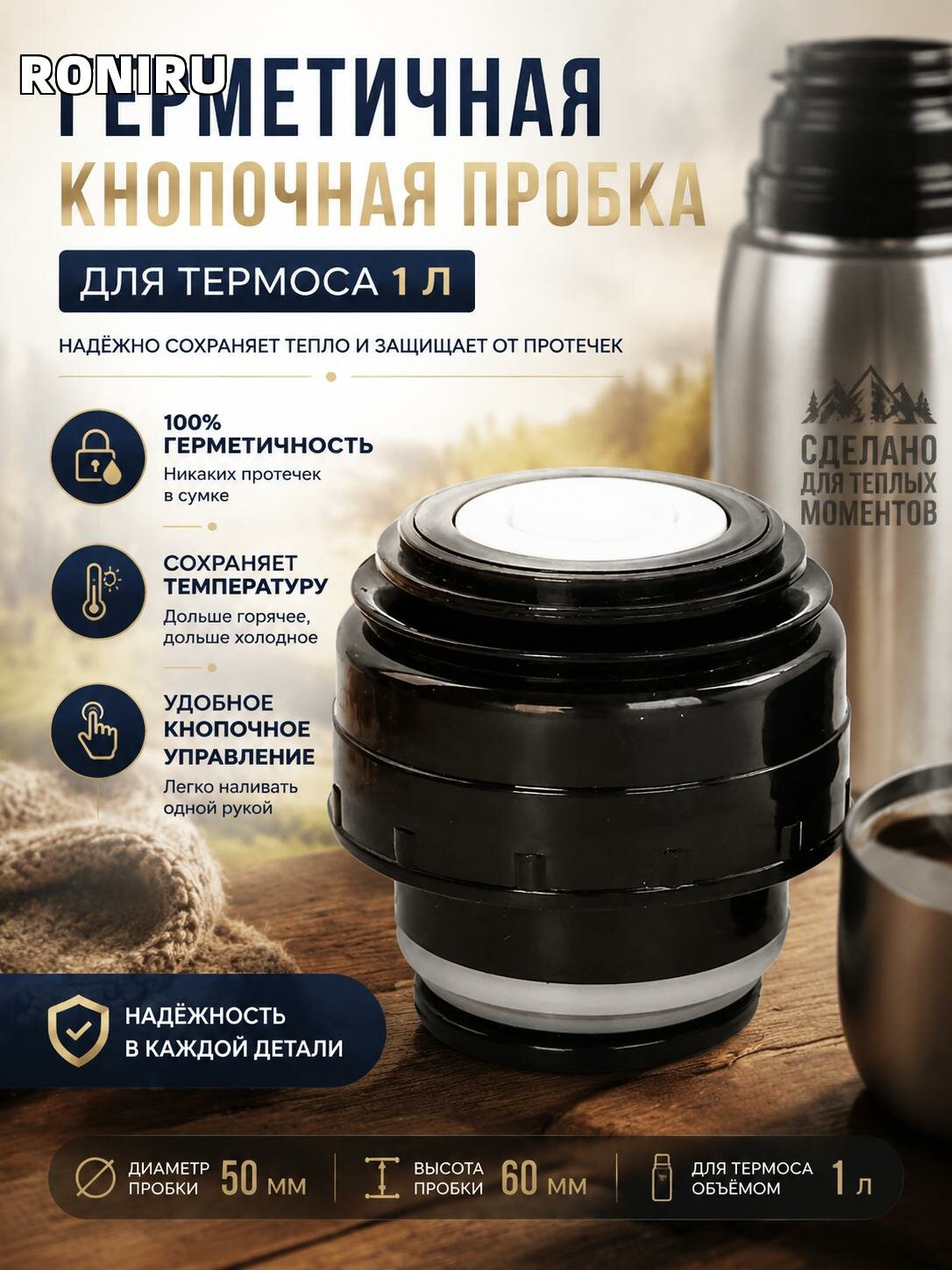 Герметичная кнопочная пробка для термоса — удобная пробка с гильзой для сохранения температуры и защиты от протечек