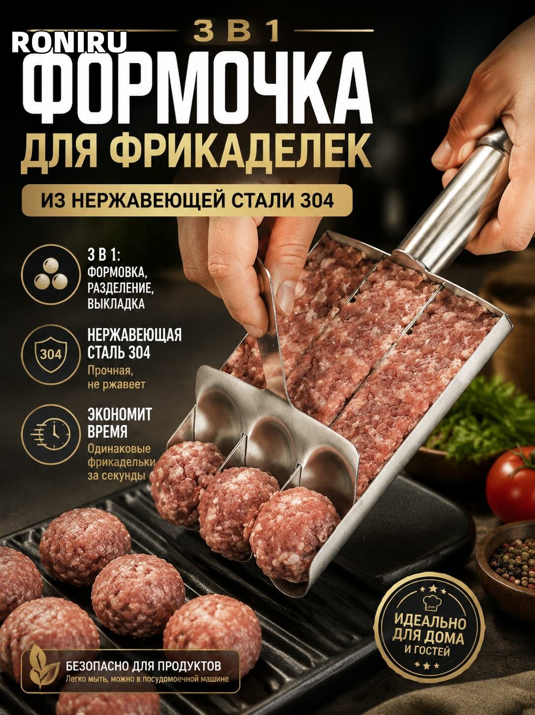 Формочка для фрикаделек 3 в 1 из нержавеющей стали 304 — для быстрого приготовления одинаковых фрикаделек для дома