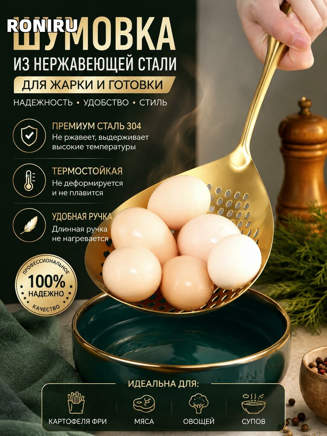 Шумовка из нержавеющей стали для жарки и готовки, термостойкое сито с длинной ручкой для картофеля фри, мяса, овощей и супов