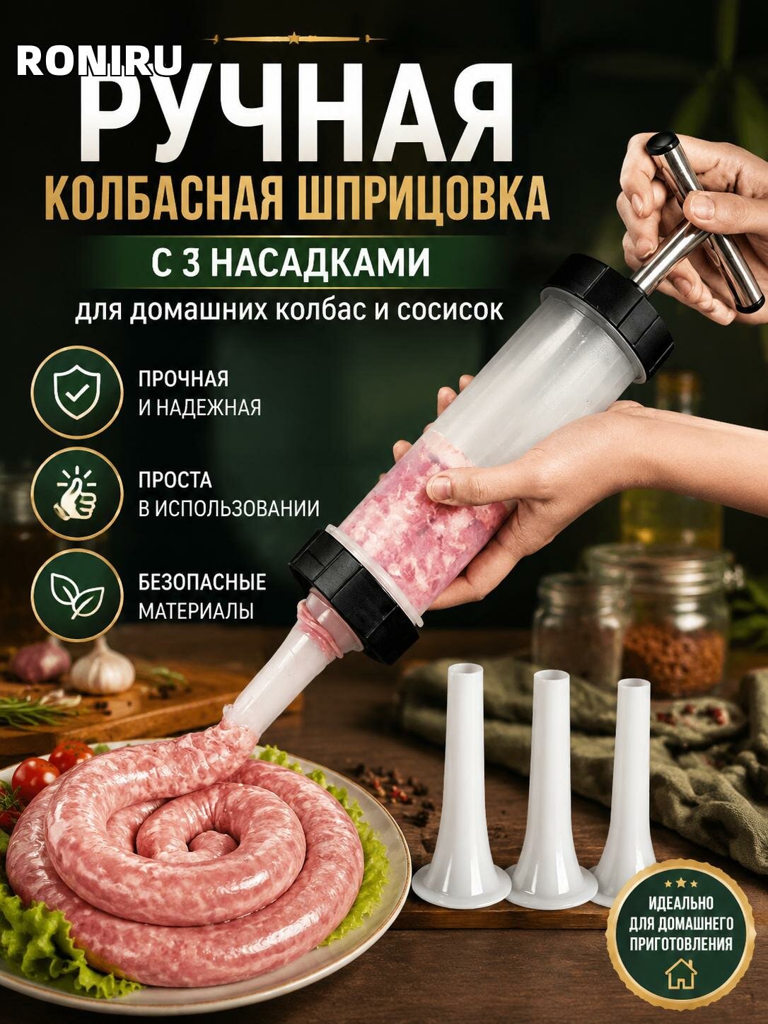 Ручная колбасная шприцовка с 3 насадками для домашних колбас и сосисок, удобный кухонный инструмент для фарша