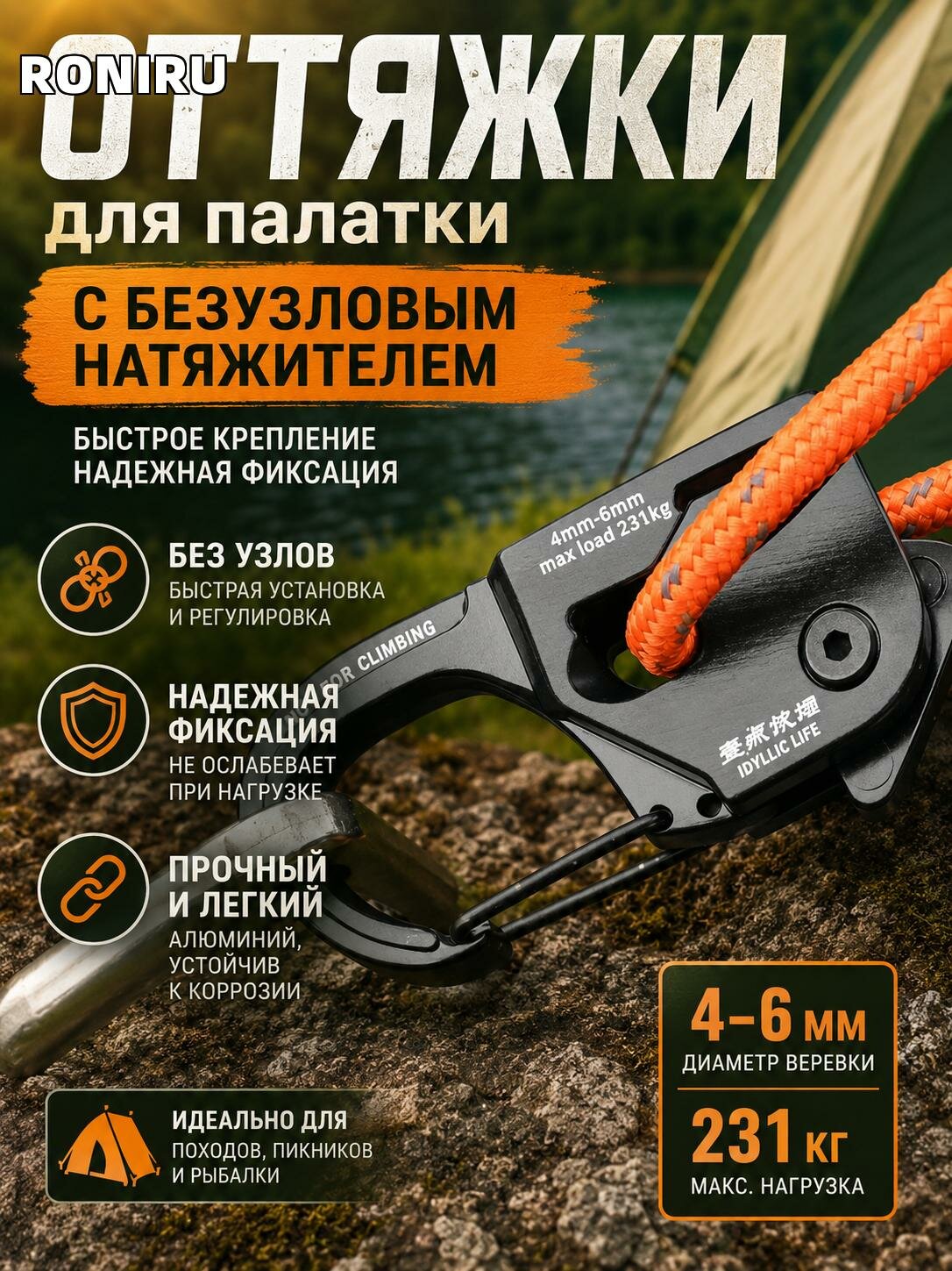 Оттяжки для палатки с безузловым натяжителем — быстрое крепление и надежная фиксация для похода и пикника и рыбалки
