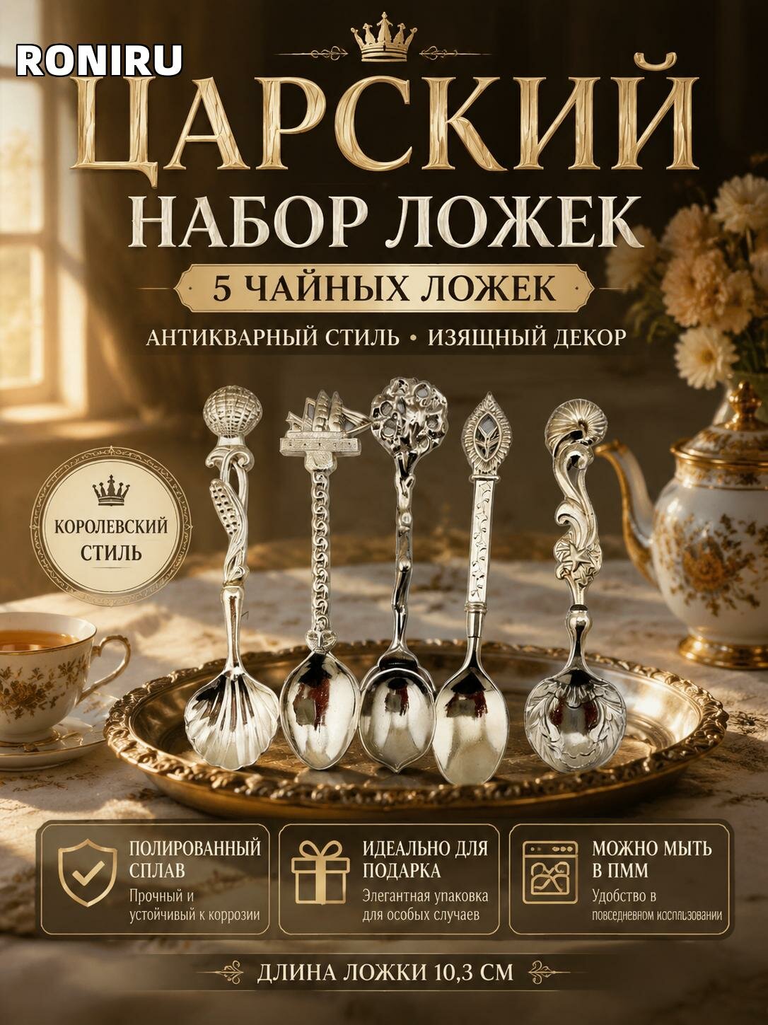 Набор из 5 чайных ложек в королевском антикварном стиле, резный винтажный декор на полированном сплаве, длина 10.3 см, пригодны для посудомоечной машины