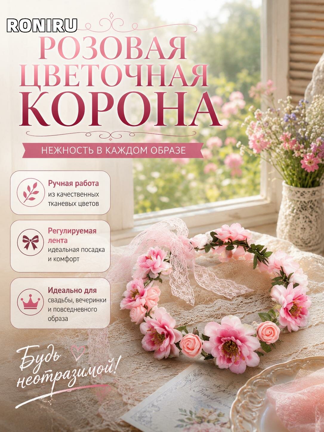Роза цветочная корона, модный венок из тканевых цветов с регулируемой лентой для свадьбы, вечеринки и летнего повседневного образа