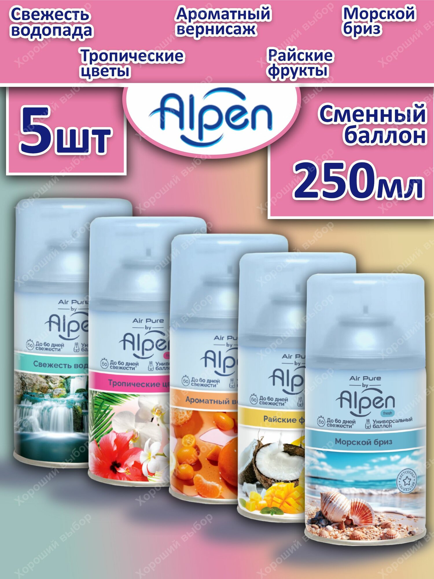 Alpen освежитель воздуха сменный баллон Набор 5 шт Тропические цветы, Райские фрукты, Свежесть водопада, Ароматный Вернисаж, Морской бриз, 5 х 250 мл сменные баллоны 250 мл набор 5 ароматов