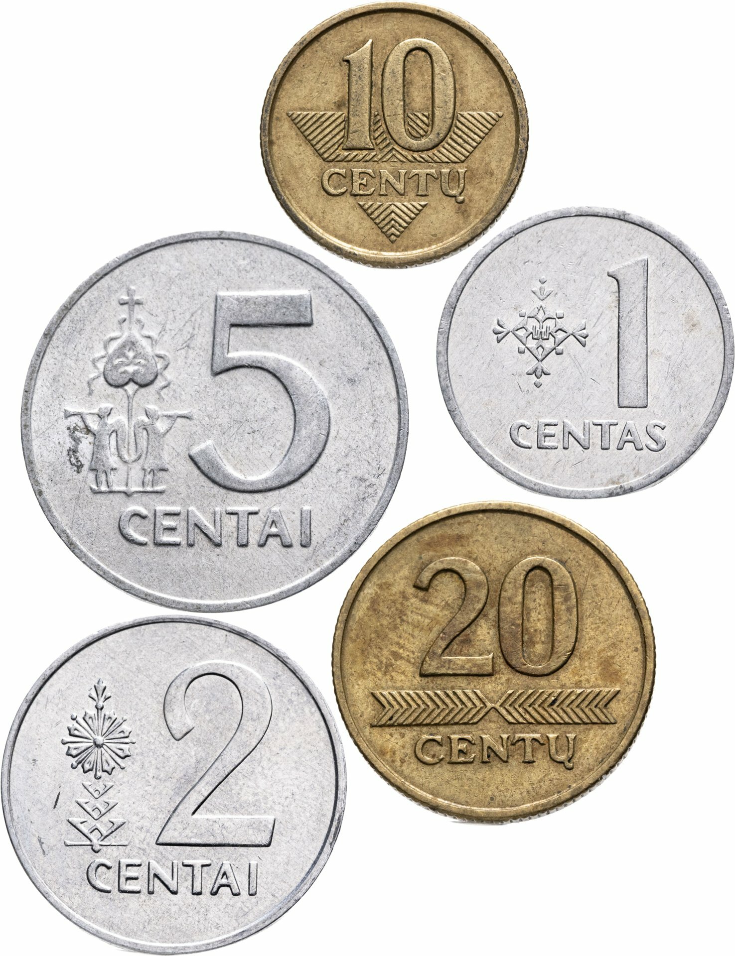 Литва набор из 5 монет 1, 2, 5, 10, 20 центов 1991-1998, Различные сплавы, в сохранности VF-XF