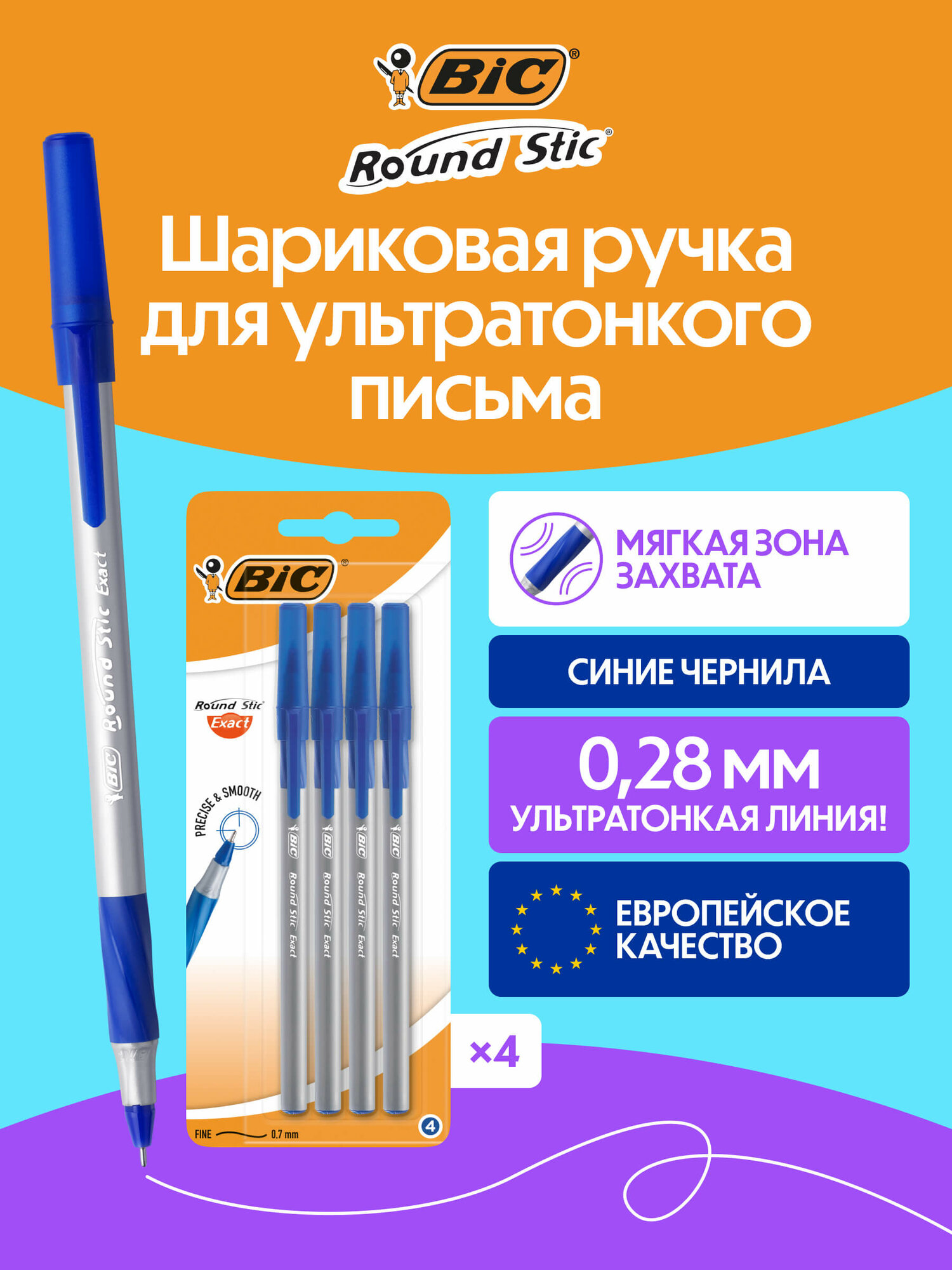 Шариковая ручка BIC классическая тонкое письмо синяя, 4 ручки в упаковке