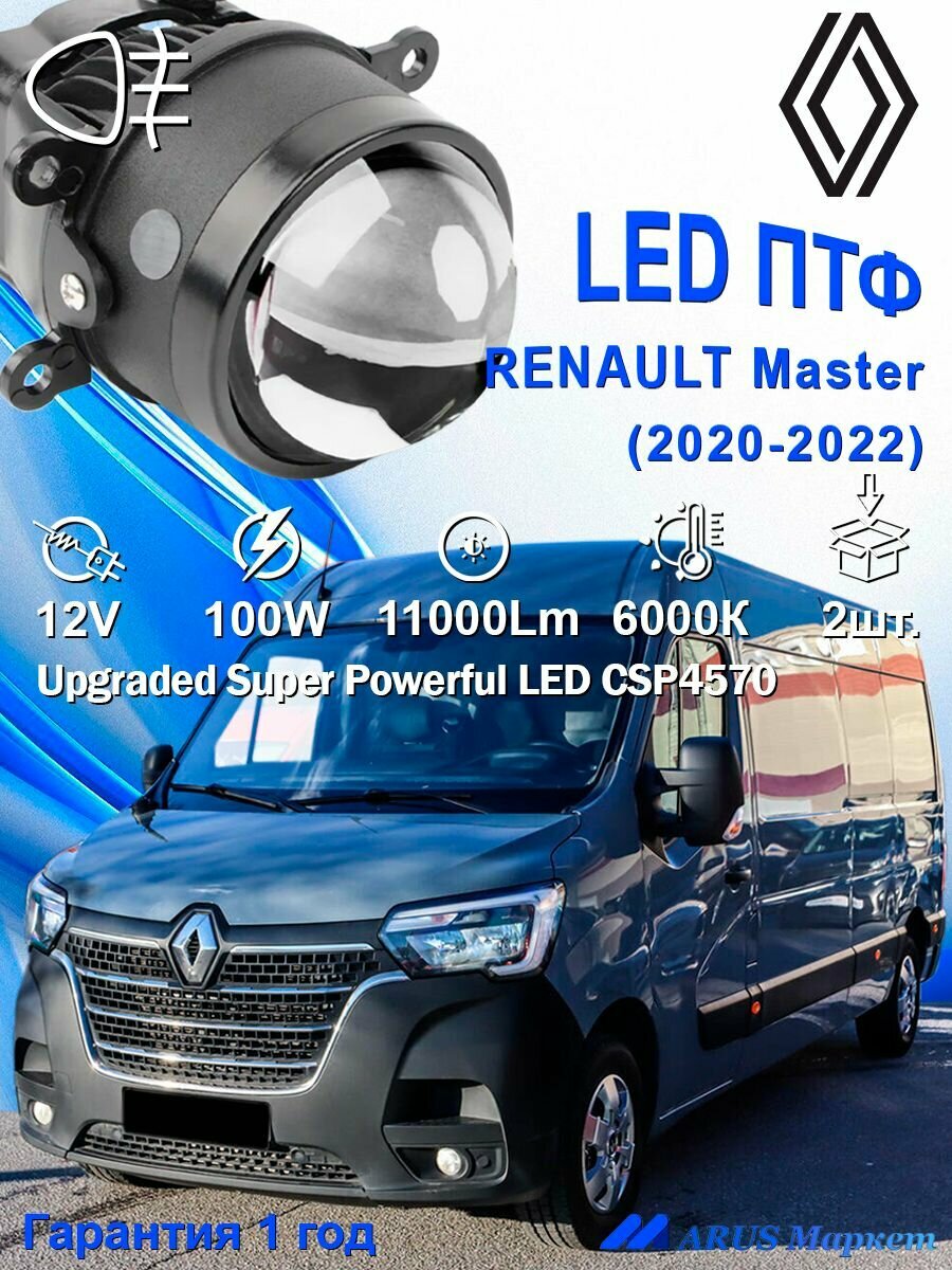 Фары противотуманные RENAULT Master (2020-2022) - светодиодные ПТФ линзы 100W, 6000K