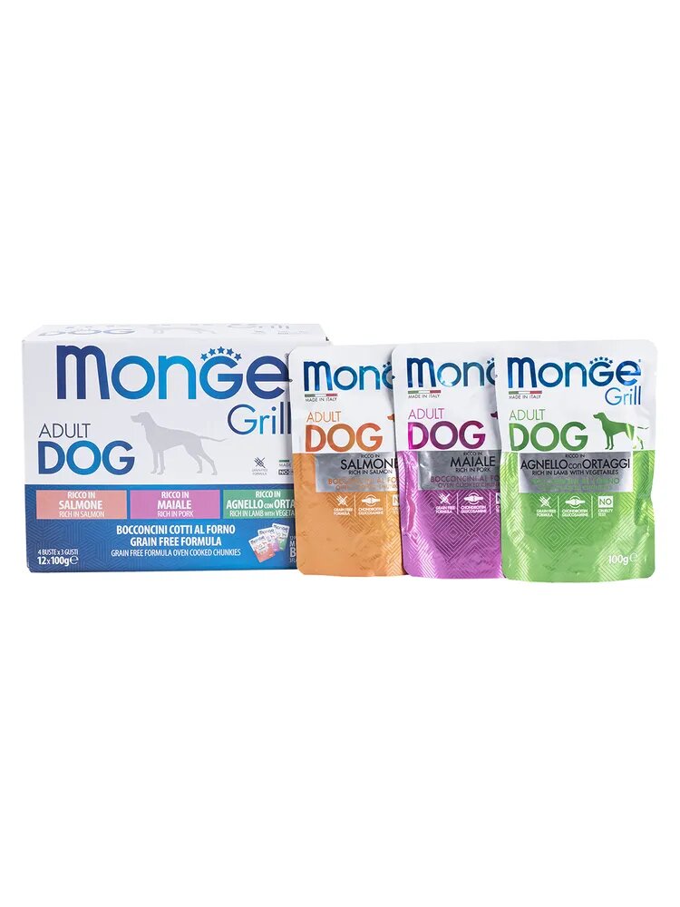 Влажный корм Monge Dog Grill для собак с лососем, со свининой, с ягненком и овощами, бокс с паучами 12 шт х 100 г