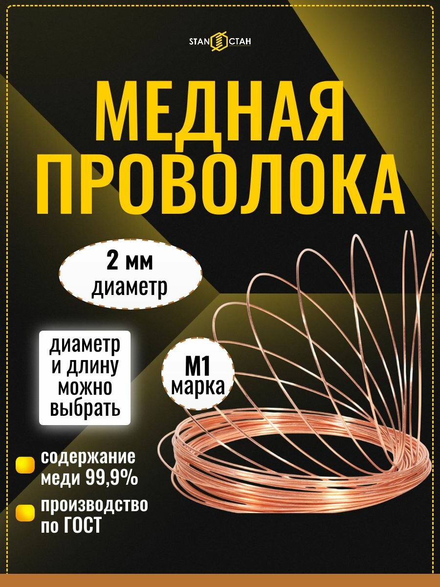 Медная проволока 2 мм, М1, длина 1 м, мягкая, без покрытия