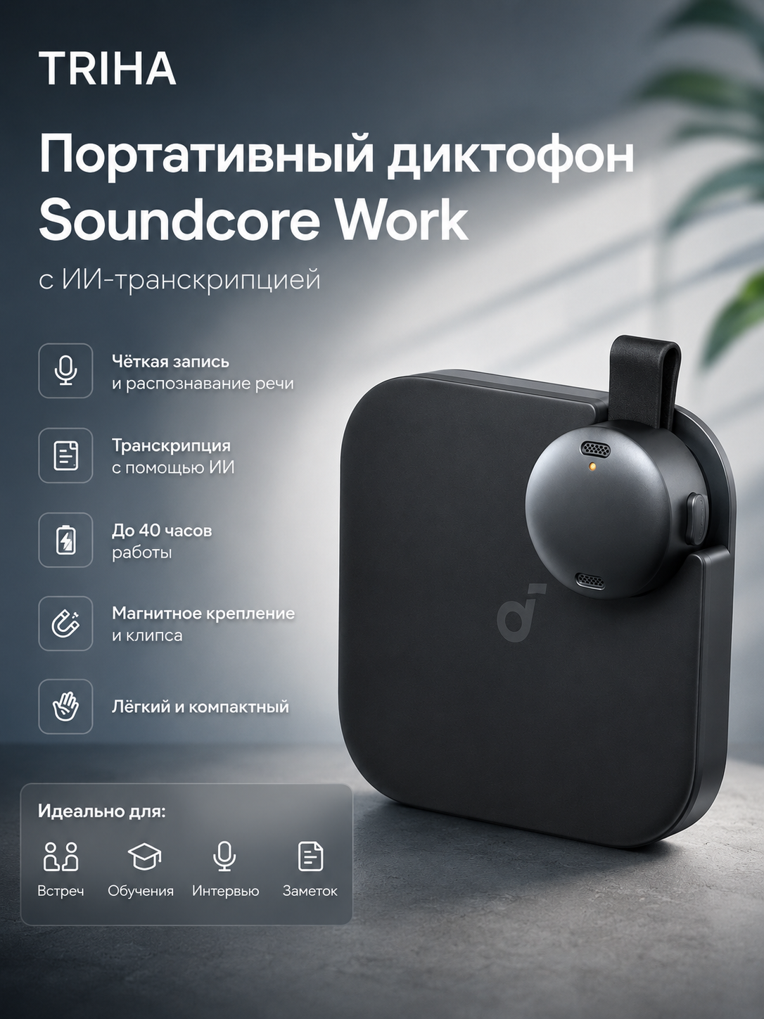 Портативный диктофон Soundcore Work с ИИ-транскрипцией, черный.