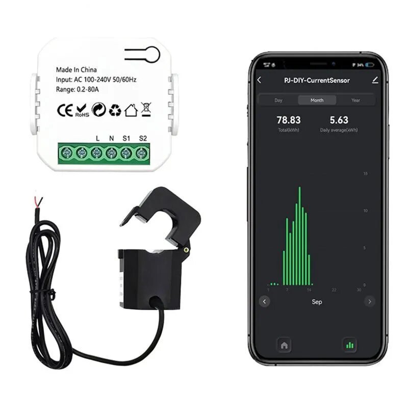 Умный счетчик электроэнергии Tuya Smart Life WiFi 80A с трансформатором тока (белый)