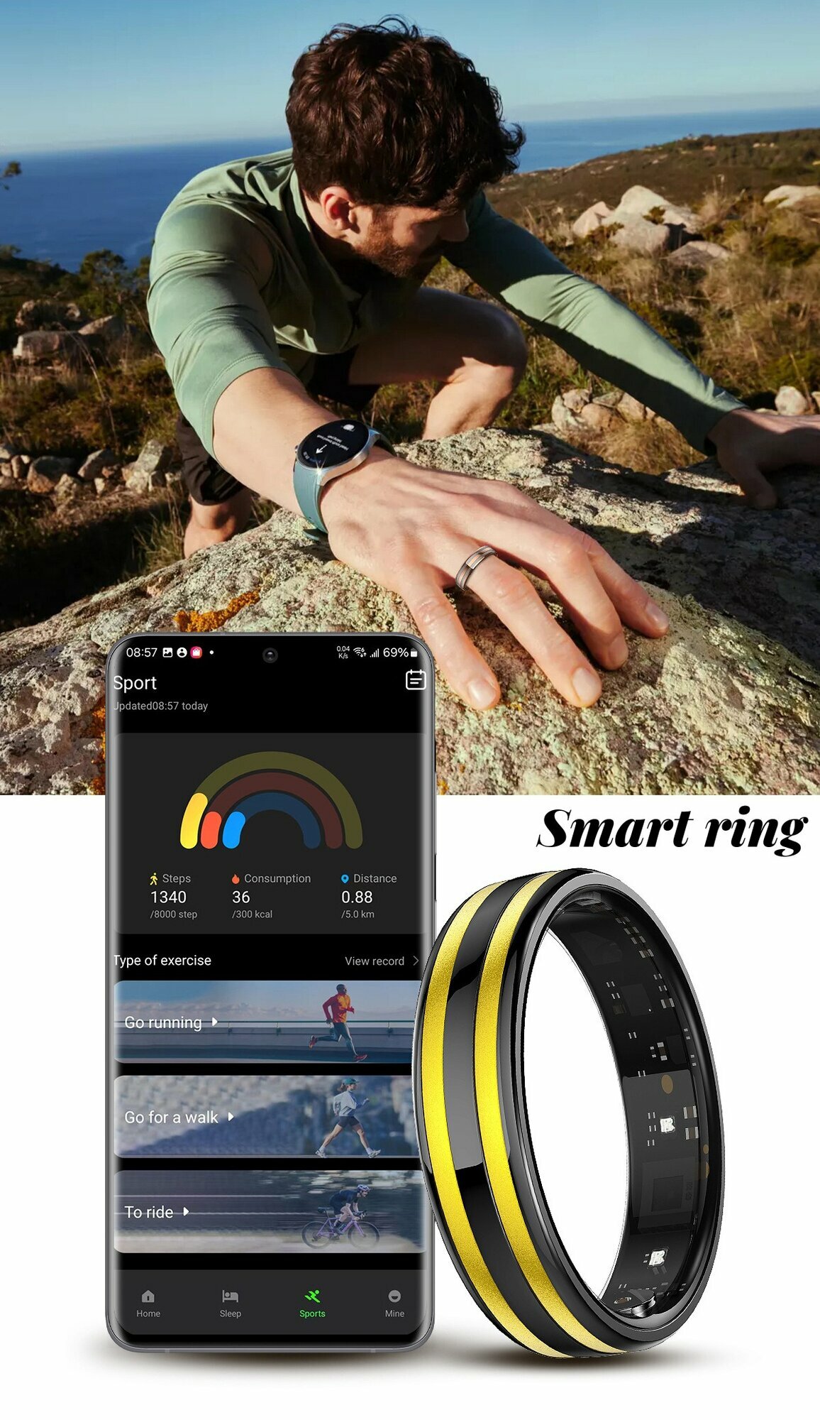 Умное кольцо CCIT LuckRing, сверхтонкое, мониторинг здоровья, Bluetooth 5.2, IP68, чёрное