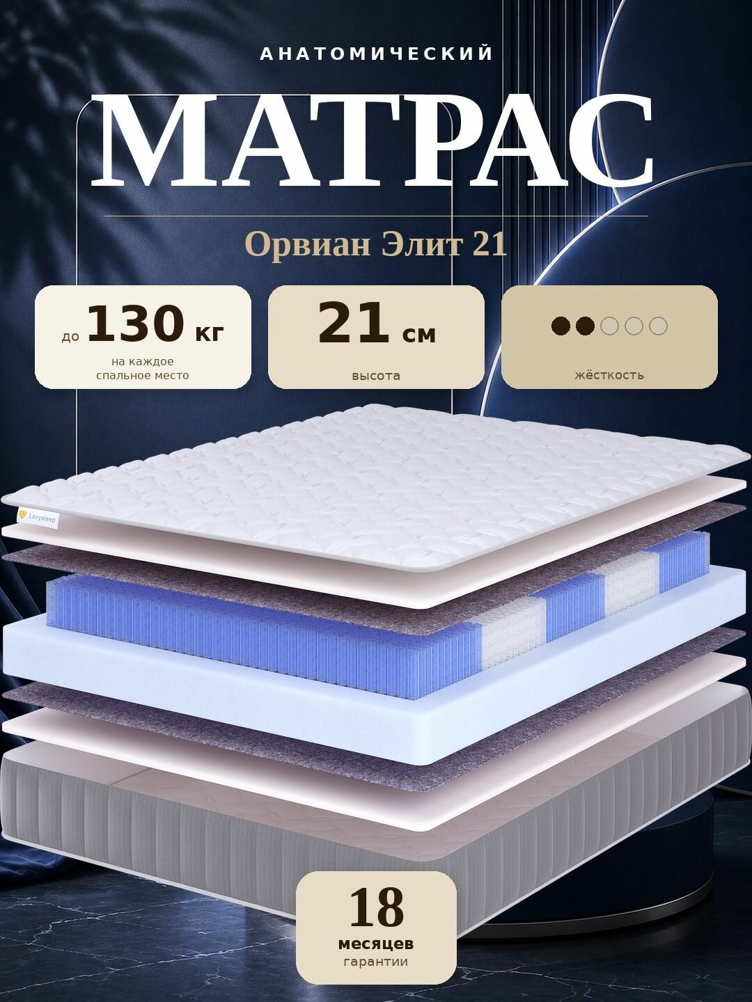 Премиум матрас 145х200 см ортопедический, 1000 пружин, умеренно мягкий, 21 см - Орвиан Элит 21 Lovysleep, в рулоне