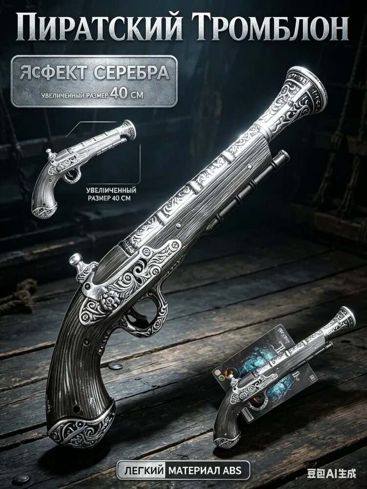 Игрушечный пиратский тромблон, старинный мушкет с серебряным узором - реквизит для косплея, маскарадный пистолет для тематических вечеринок.
