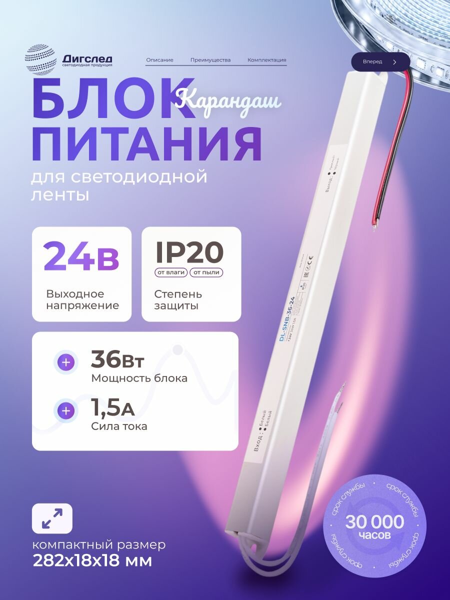 Блок питания для светодиодной ленты 24В 36Вт DL-SNB-36-24