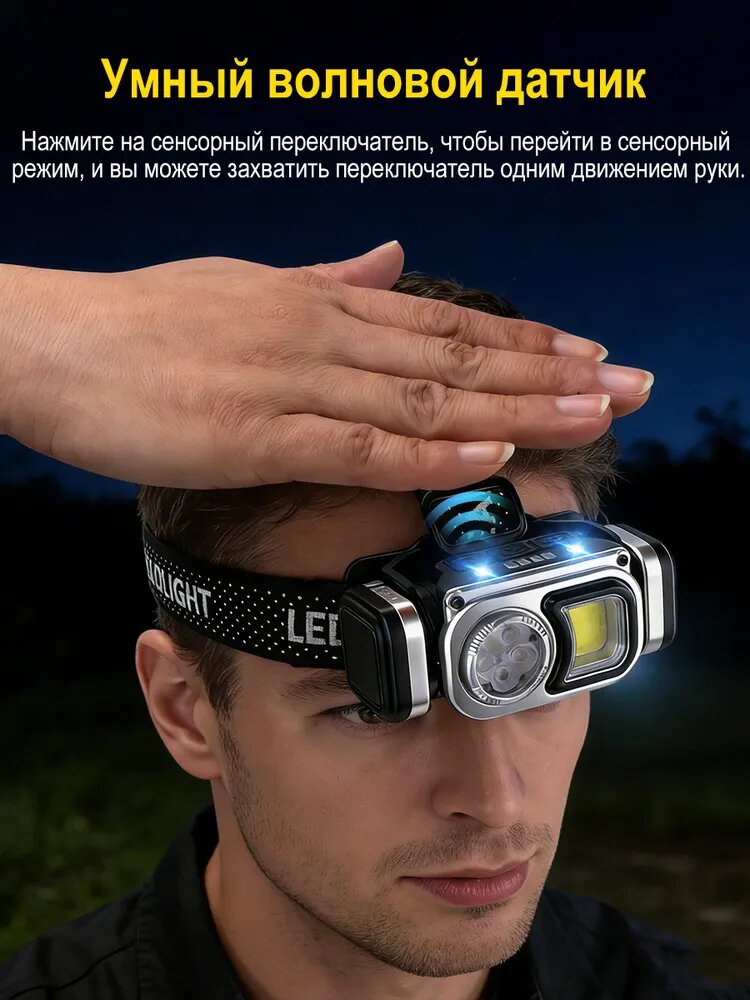Boruit Фонарь-прожектор налобный, 300 лм, 5 Вт, 100 м, IPX4, LED+COB, Холодный белый/Красный, Серебристый/черный — фото 1