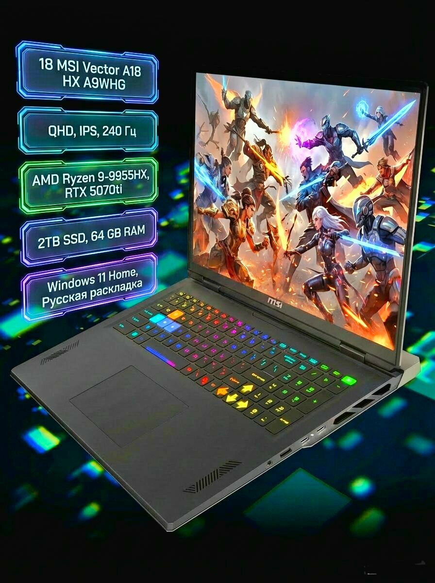 MSI Vector A18 HX QHD+ 240 Гц Игровой ноутбук 18", AMD Ryzen 9 9955HX, RAM 64 ГБ, SSD 2000 ГБ, NVIDIA GeForce RTX 5070 Ti для ноутбуков (12 Гб), Windows Home, серый, Русская раскладка. Уцененный товар